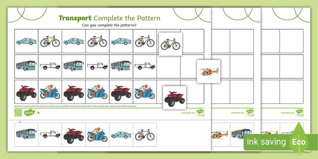 Transport-Themed Complete the Pattern Activity Sheet