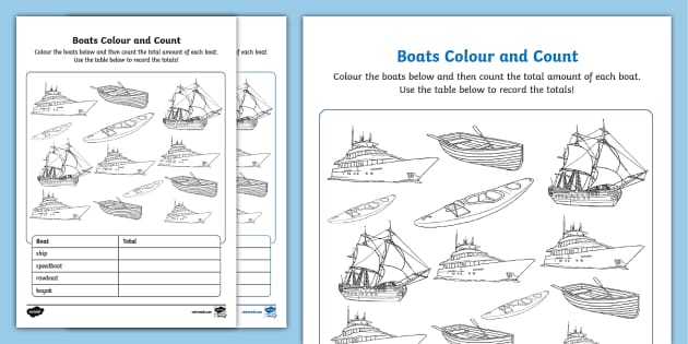 👉 Boats Colour and Count Worksheet (teacher made)