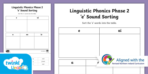 Linguistic Phonics Phase 2 ‘e’ Sound Sorting Activity Sheet