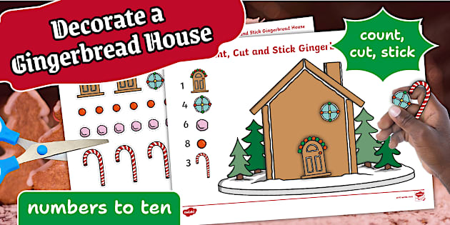 Count, Cut and Stick Decorate a Gingerbread House Activity Sheet