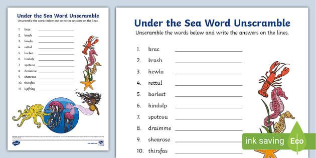 Under the Sea Word Unscramble Worksheet (Teacher-Made)