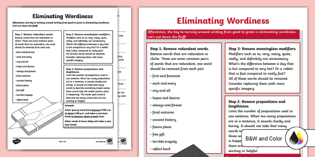 Eliminating Wordiness Worksheet for 6th-8th Grade - Twinkl