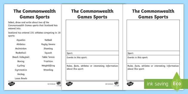 CfE The Commonwealth Games 2018 Writing Worksheet