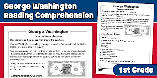 First Grade George Washington Reading Passage Comprehension