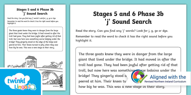 Northern Ireland Linguistic Phonics Phase 3b 'j' Sound Search Worksheet