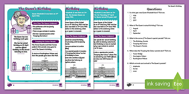 KS1 The Queen&#039;s Birthday Reading Comprehension Activity