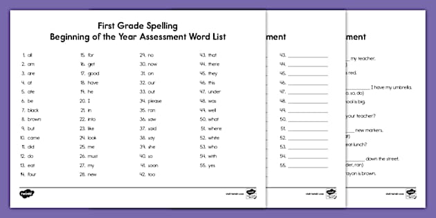First Grade Beginning of the Year Spelling Assessment