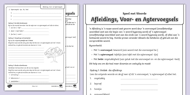 Speel met woorde Afleidings, Voor- en Agtervoegsels Aktiwiteit