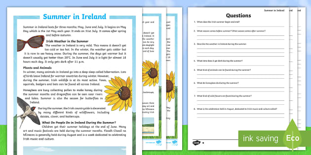 Summer in Ireland, English comprehension reading activity.