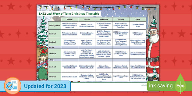 Christmas End of Term Activities - Activity Timetable - LKS2