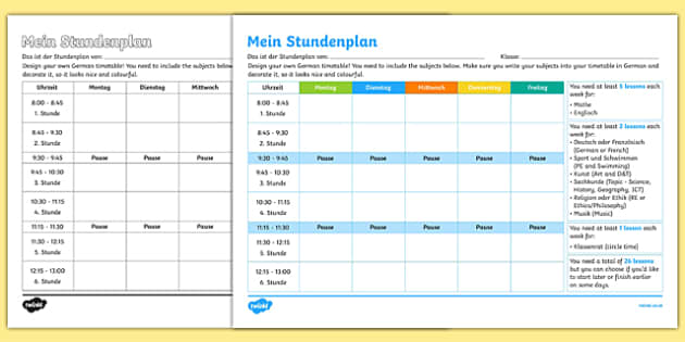 Design Your Own School Timetable Worksheet Worksheet German Worksheet Design Your Own School Timetable Worksheet Worksheet German Worksheet