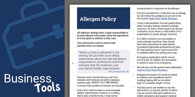 Allergen Policy for Childminders (teacher made) - Twinkl