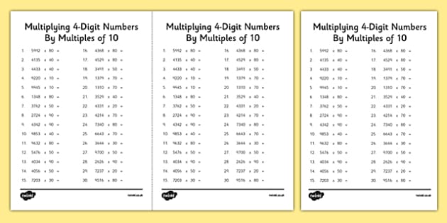 Multiplying 4 Digit Numbers By Multiples Of 10 Worksheet