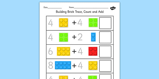 Building Brick Trace Count and Add Worksheet - Twinkl
