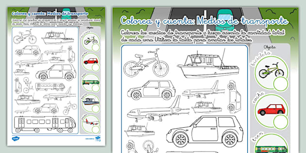 Ficha de actividad: Colorea y cuenta - Medios de transporte