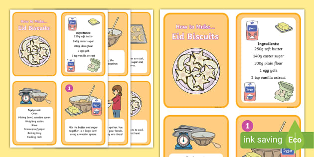 Eid Biscuits Recipe Cards (Hecho por educadores) - Twinkl