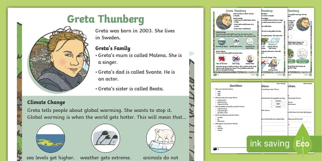 KS1 Greta Thunberg Differentiated Reading Comprehension Activity