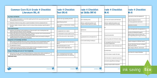 Common Core ELA Fourth Grade Standards Checklist Common Core ELA Fourth Grade Standards Checklist