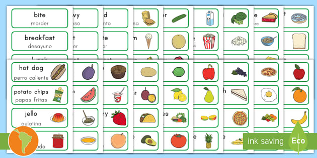 Food Topic Word Cards English/Spanish - Food Topic Word Cards