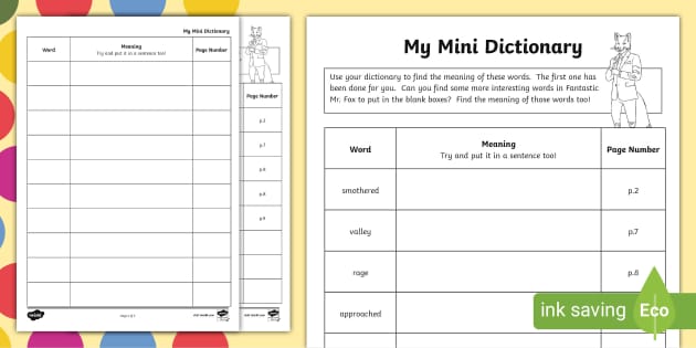 FREE! - Mini Dictionary Worksheet to Support Teaching on Fantastic Mr Fox