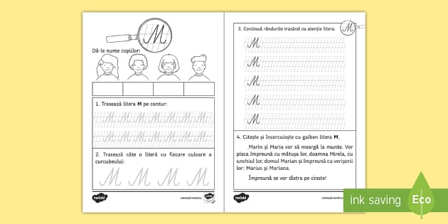 * NEW * Trasarea literei „M” de mână - Fișă de activitate - clasa I