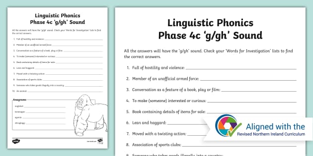 NI Linguistic Phonics Phase 4c ‘g/gh’ Sound Word Worksheet