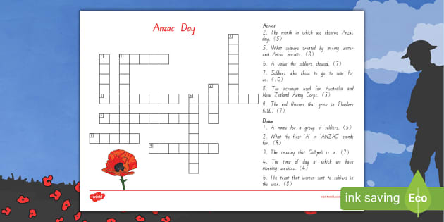Anzac Crossword | Anzac Day | New Zealand | Years 4 to 6