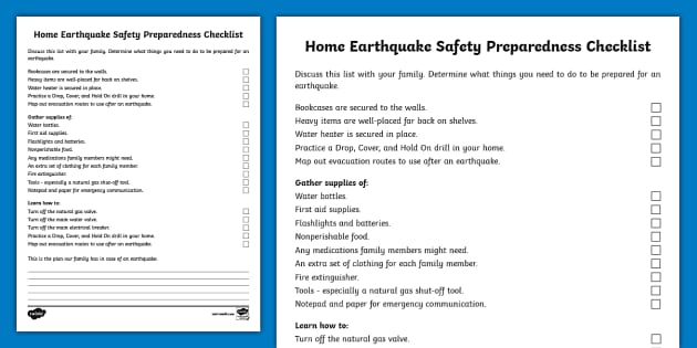 Home Earthquake Safety Preparedness Checklist