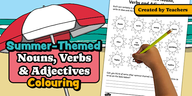 Summer-Themed Nouns, Verbs and Adjectives Colouring