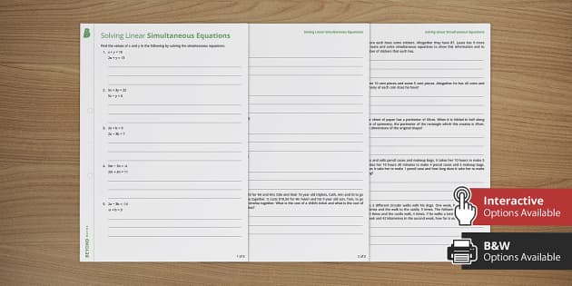 Solving Linear Simultaneous Equations Worksheet - Twinkl