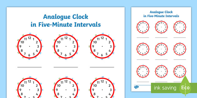 Analogue Clock in Five-Minute Intervals Worksheet