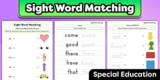 Adapted Sight Word Matching Worksheet for Special Education