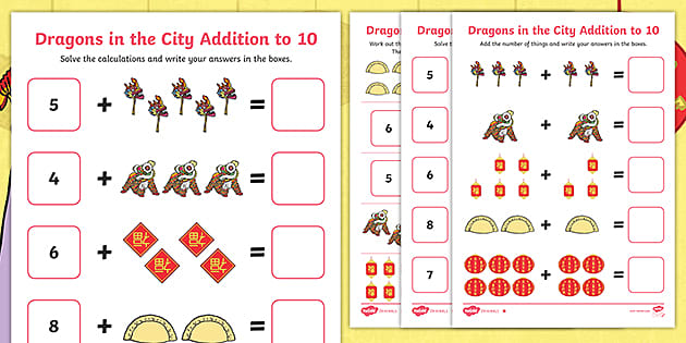 Chinese New Year Addition to 10 Worksheet