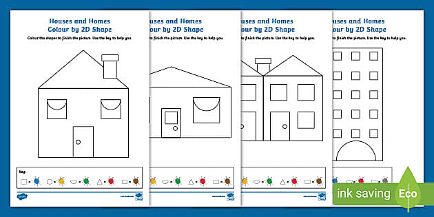 👉 Preschool Houses and Homes Colour by 2D Shape Activity