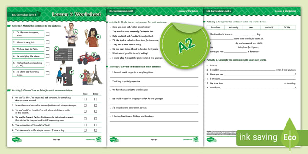 ESL Curriculum Level 6, Lesson 6 Worksheet (teacher made)