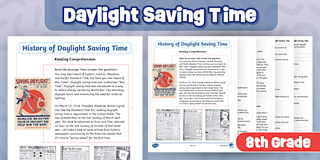 * NEW * 8th Grade Daylight Saving Comprehension Worksheet