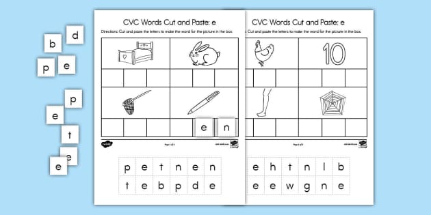CVC Words Short E Cut and Paste Worksheets for K-1st Grade