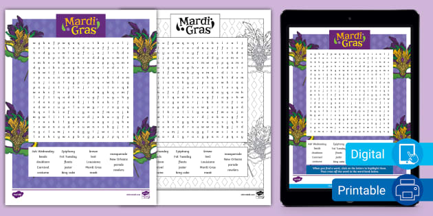 Mardi Gras Word Search for 6th-8th Grade - Twinkl