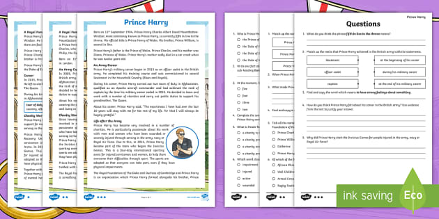 LKS2 Prince Harry Differentiated Reading Comprehension Activity