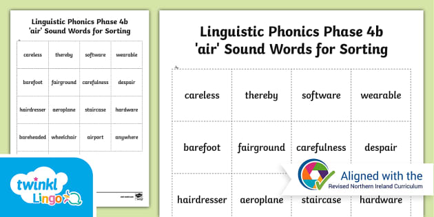 NI Linguistic Phonics Phase 4b ‘air’ Sound Words for Sorting