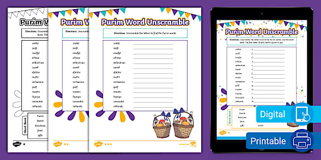 Purim Differentiated Word Unscramble for 6th-8th Grade