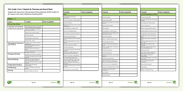 SID: Grade 1 Term 1 English HL Planning and Record Sheet