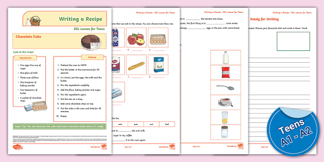 ESL Writing a Recipe: Food and Containers [Teens, A1]