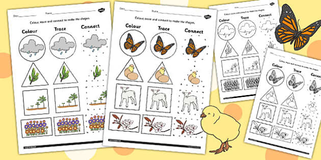 Spring 2D Shape Colour Trace and Join the Dots - Twinkl