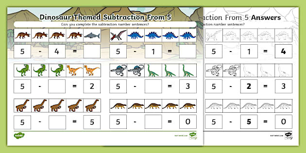 👉 Dinosaur-Themed Subtraction From 5 Activity - Twinkl