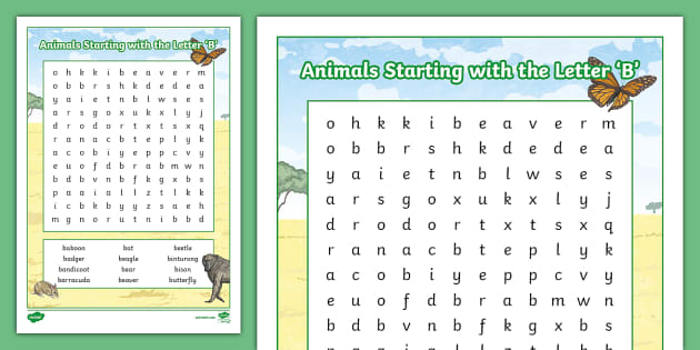 Animals Starting with the Letter 'B' Word Search