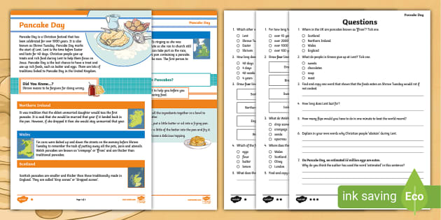 Years 3-6 Shrove Tuesday Reading Comprehension Activity