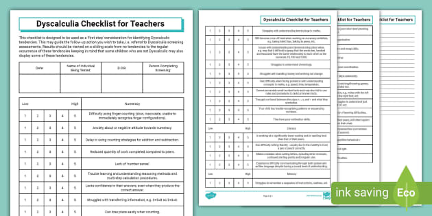 Dyscalculia Initial Screening Checklist for Teachers