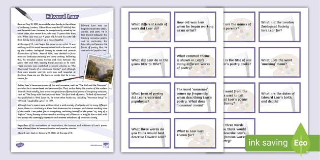 Edward Lear Fact File and Comprehension Question Cards