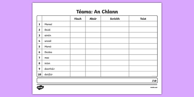 Spelling List An Chlann Worksheet / Worksheet (Teacher-Made)